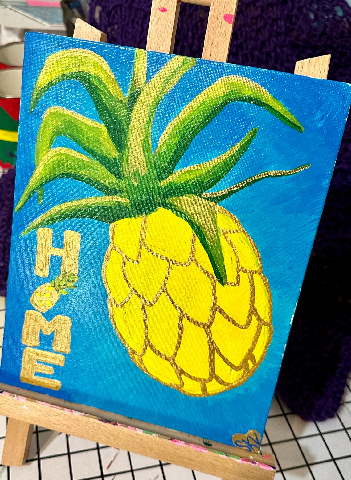 Chic Pineapple Home Sign, Hand Painted on Canvas Panel Blue and Bright ...
