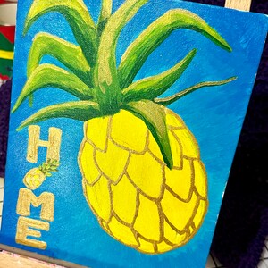 Chic Pineapple Home Sign, Hand Painted on Canvas Panel Blue and Bright ...