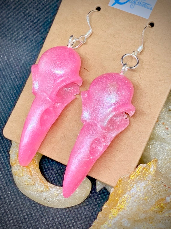 Light Pink Shimmery Raven Crow Skull Earrings Kawaii Cute | Etsy