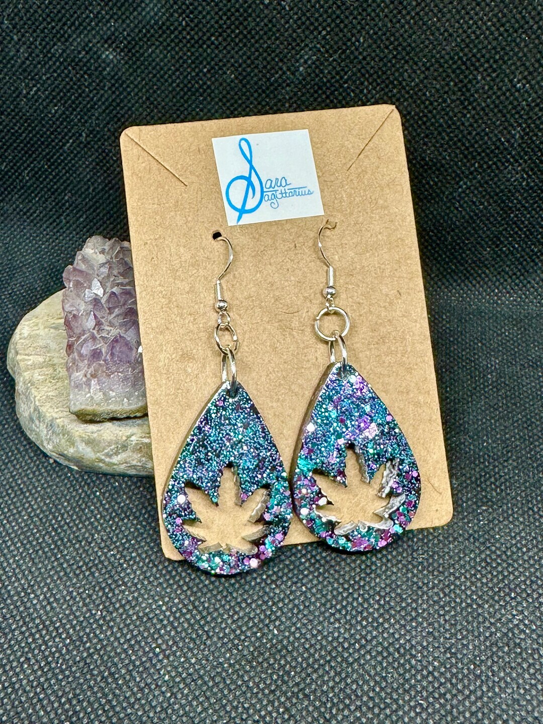 Sparkly Purple & Blue Pot Leaf Punch-out Earrings Dangly Handmade ...