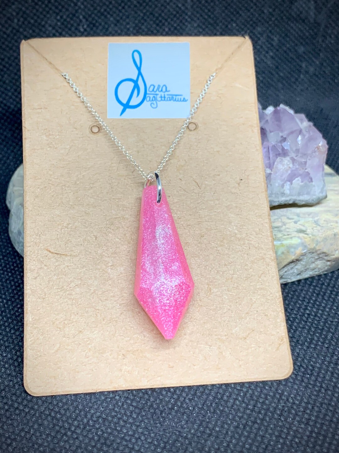 Pretty Little Baby Pink Crystal Resin Sparkle Pendant Necklace Delicate ...