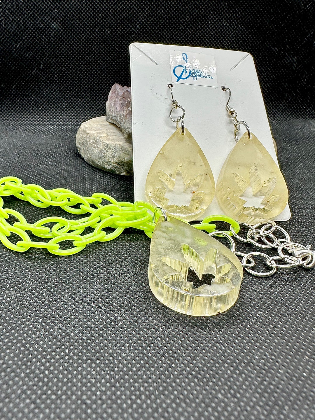 Blue Glow in the Dark Pot Leaf Punch-out Earrings & Pendant on Lime ...