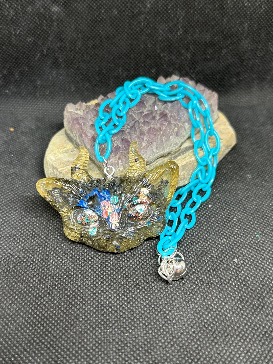 Blue & Turquoise Demon Kitty Choker Plastic Chain Necklace Handmade ...