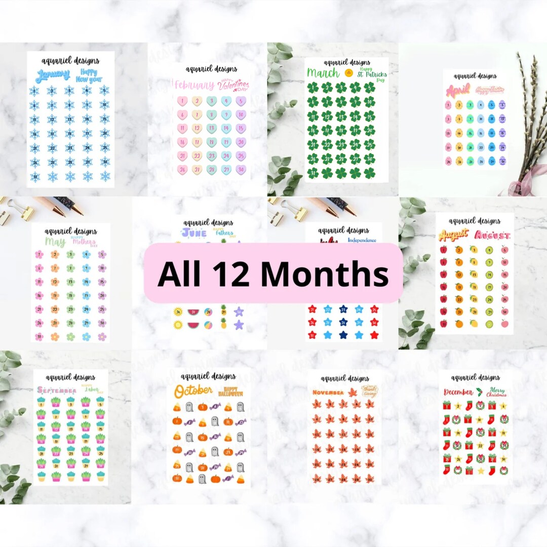 12 Pack Monthly Stickers, Full Year of Themed Planner Stickers, Bullet ...