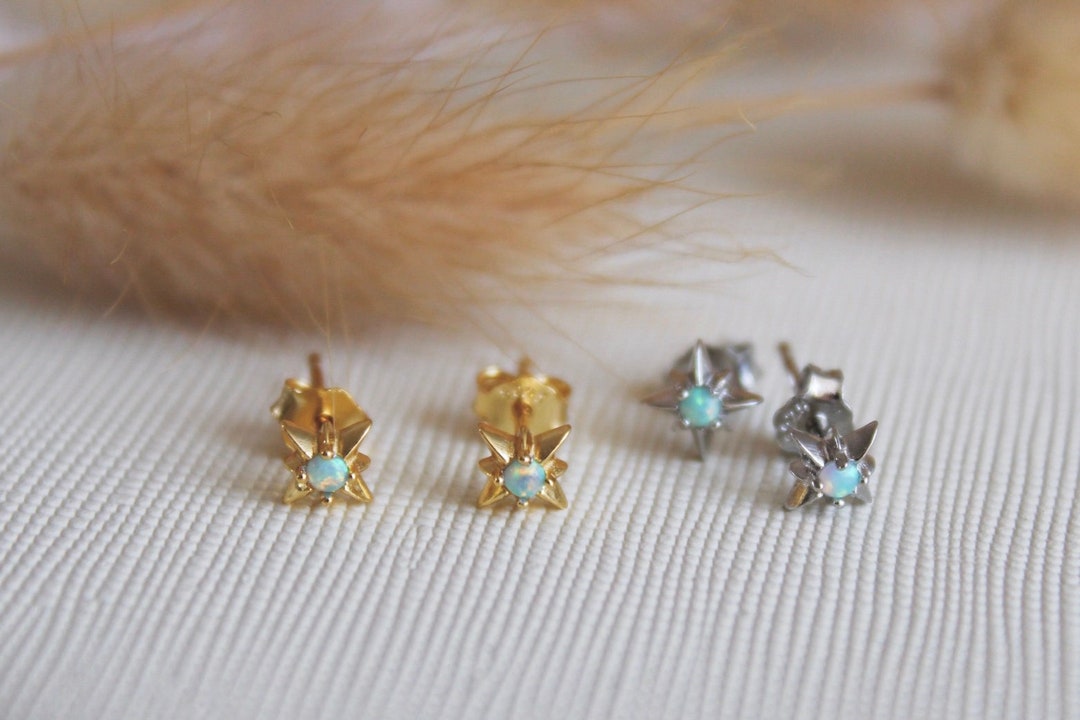 Opal Star Stud Earrings Minimalist Tiny Northstar Opal Stud - Etsy
