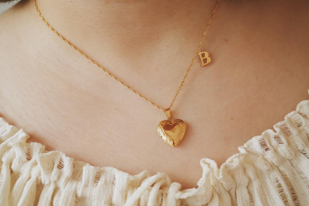 Gold Locket Initial Necklace , Heart Locket Letter Necklace , Photo ...
