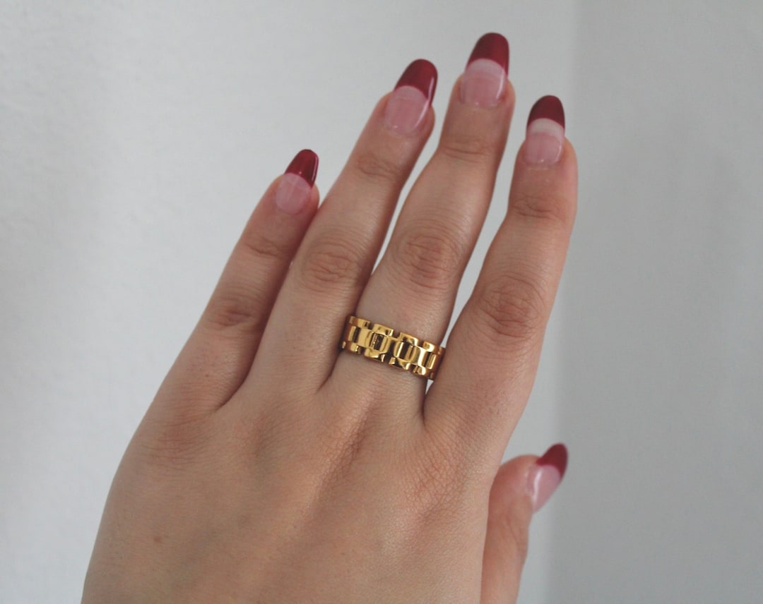 18K Gold Chain Watchband Ring WATERPROOF Ring Stacking Ring Tarnishfree ...