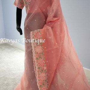 Peach Organza Saree With Thread Embroidery Work | Silk Mark Certified ...
