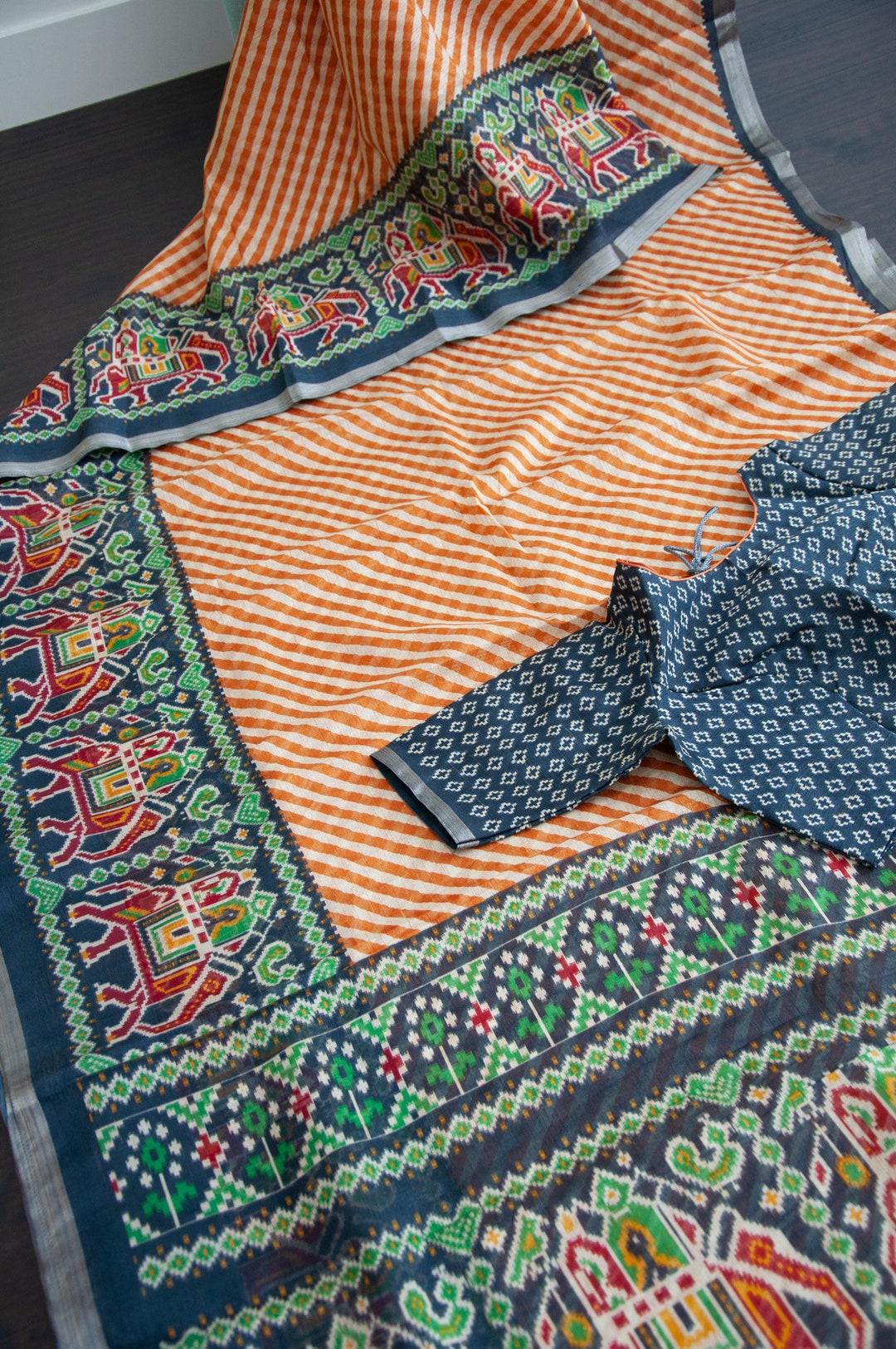 Rusty Orange and Gray Linen Jute Silk Saree With Lehriya Print | Sarees ...