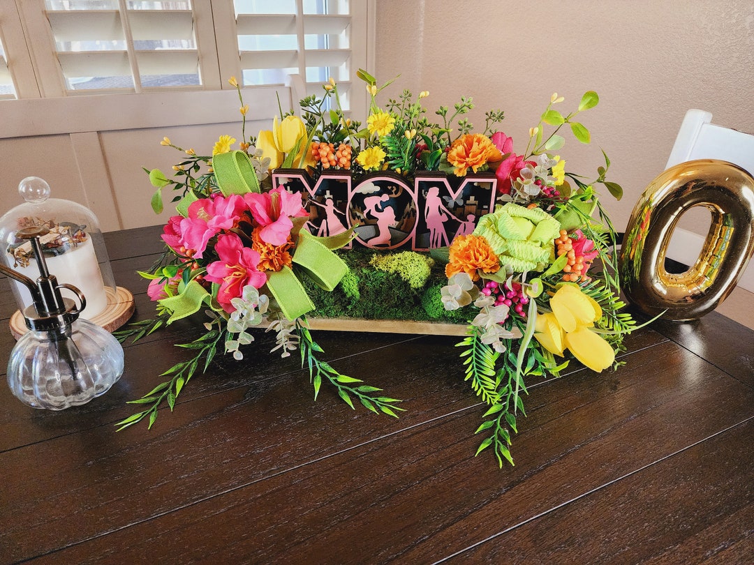 Tropical Mom Centerpiece With Tulips and Bow, Mother's Day Centerpiece ...