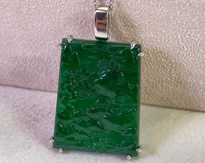 Landscape Carving Jade, Rectangular Jade Pendant, Handmade Jade Block ...