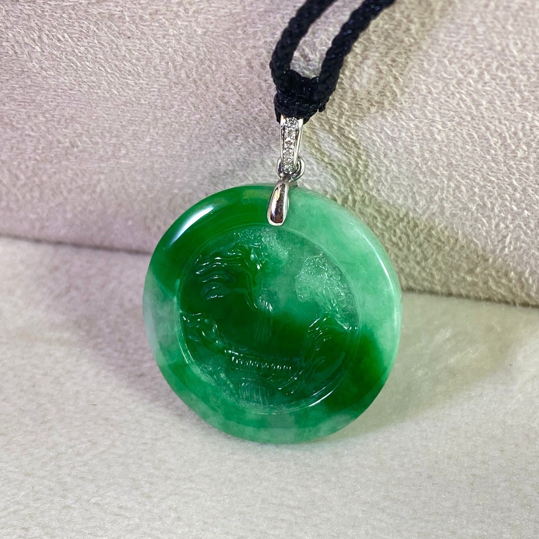 18k White Gold Landscape Carved Round Jade Pendant, Handmade Carving ...