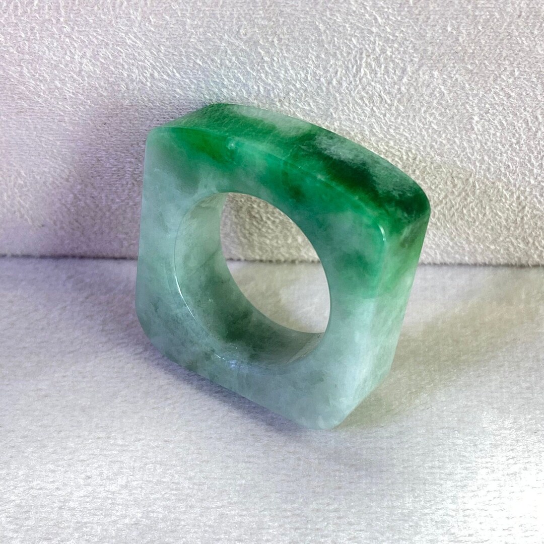 US8.5 Square Jadeite Ring Flat Top Green Ring Natural Type A Jade ...