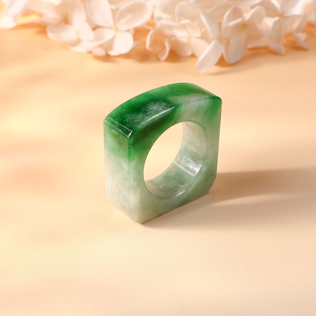 US8.5 Square Jadeite Ring | Flat Top Green Ring | Natural Type A Jade ...