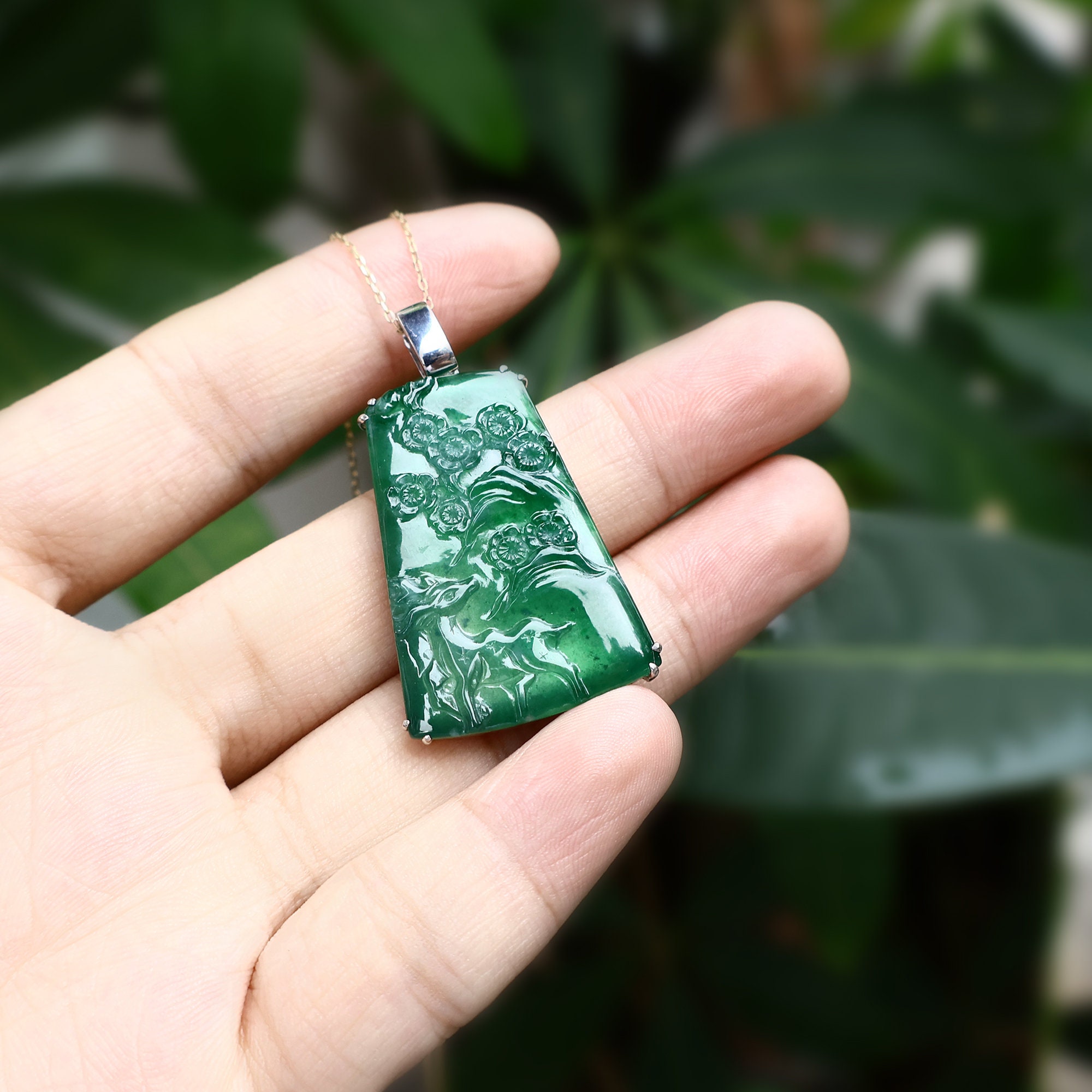 Handmade Jade Block, Carving Sika Deer and Plum Flower Jade Pendant ...
