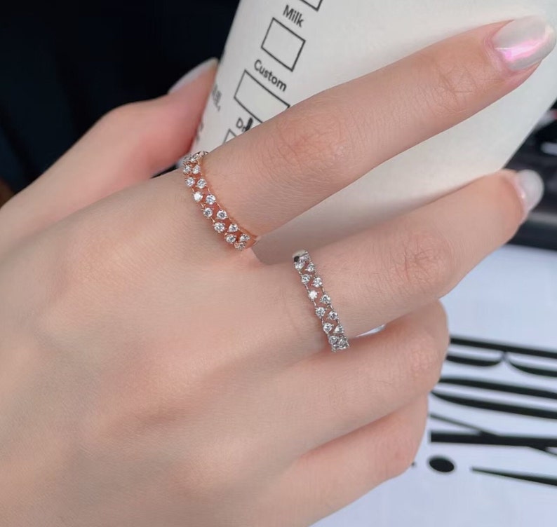 18k Gold Double Band Ring Genuine Round Diamond Solid - Etsy