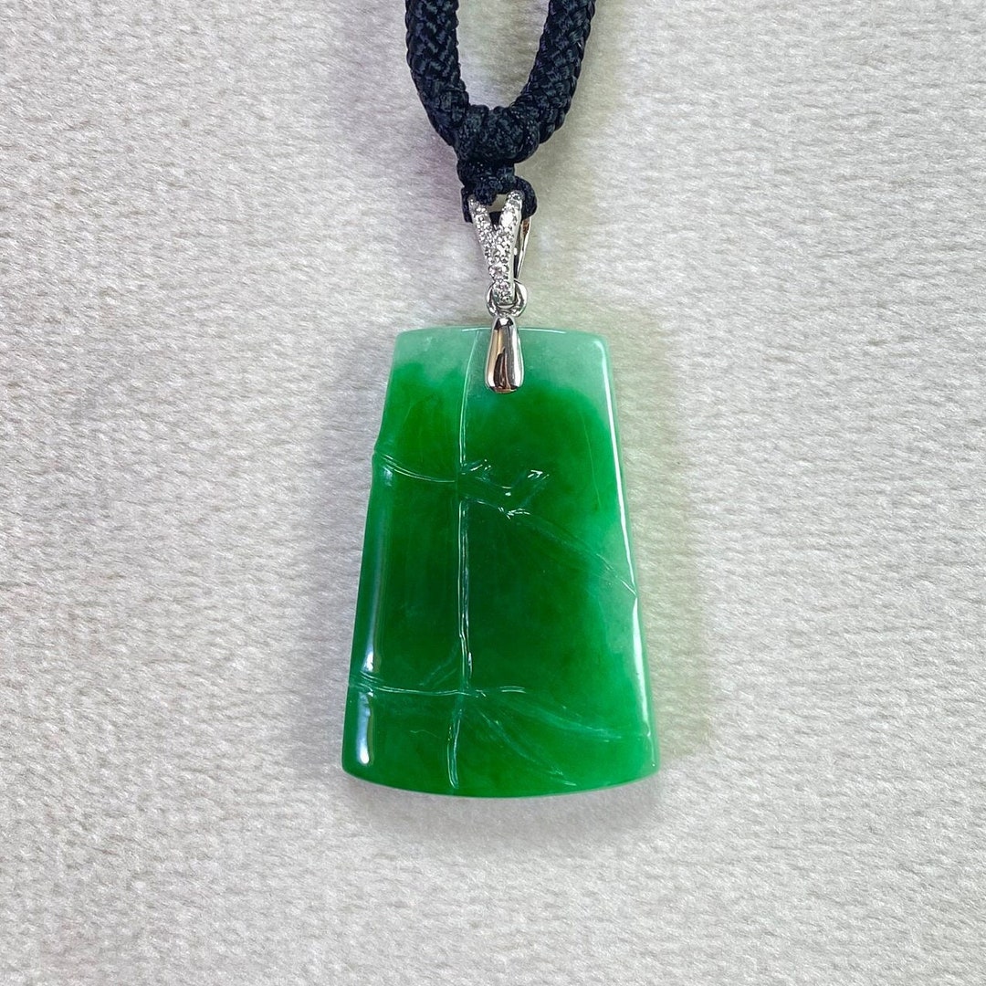 18k White Gold Bamboo Jade Necklace, Solid Gold Real Diamonds, Green ...