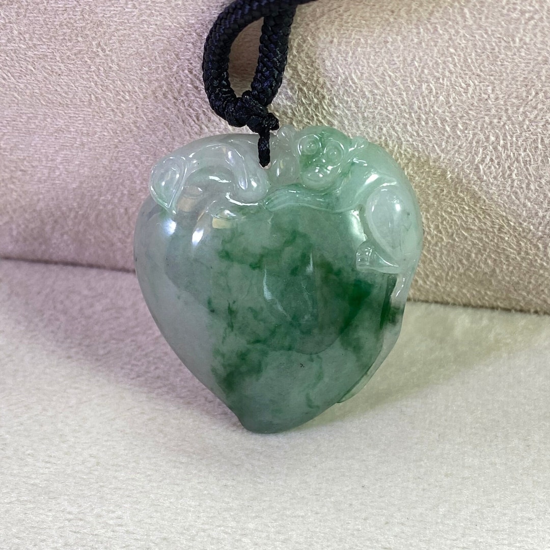 Hand Carved Peach and Monkey Jade Pendant, Natural Grade A Jadeite ...