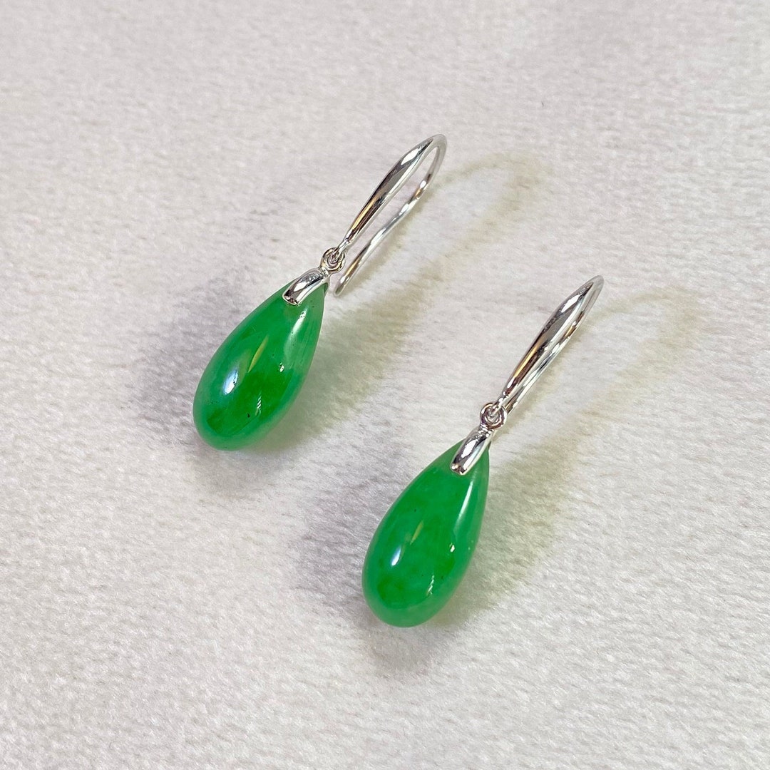 18k White Gold Teardrop Jade Earrings, Natural Jadeite Earrings, Delicate Water Droplets Jade ...