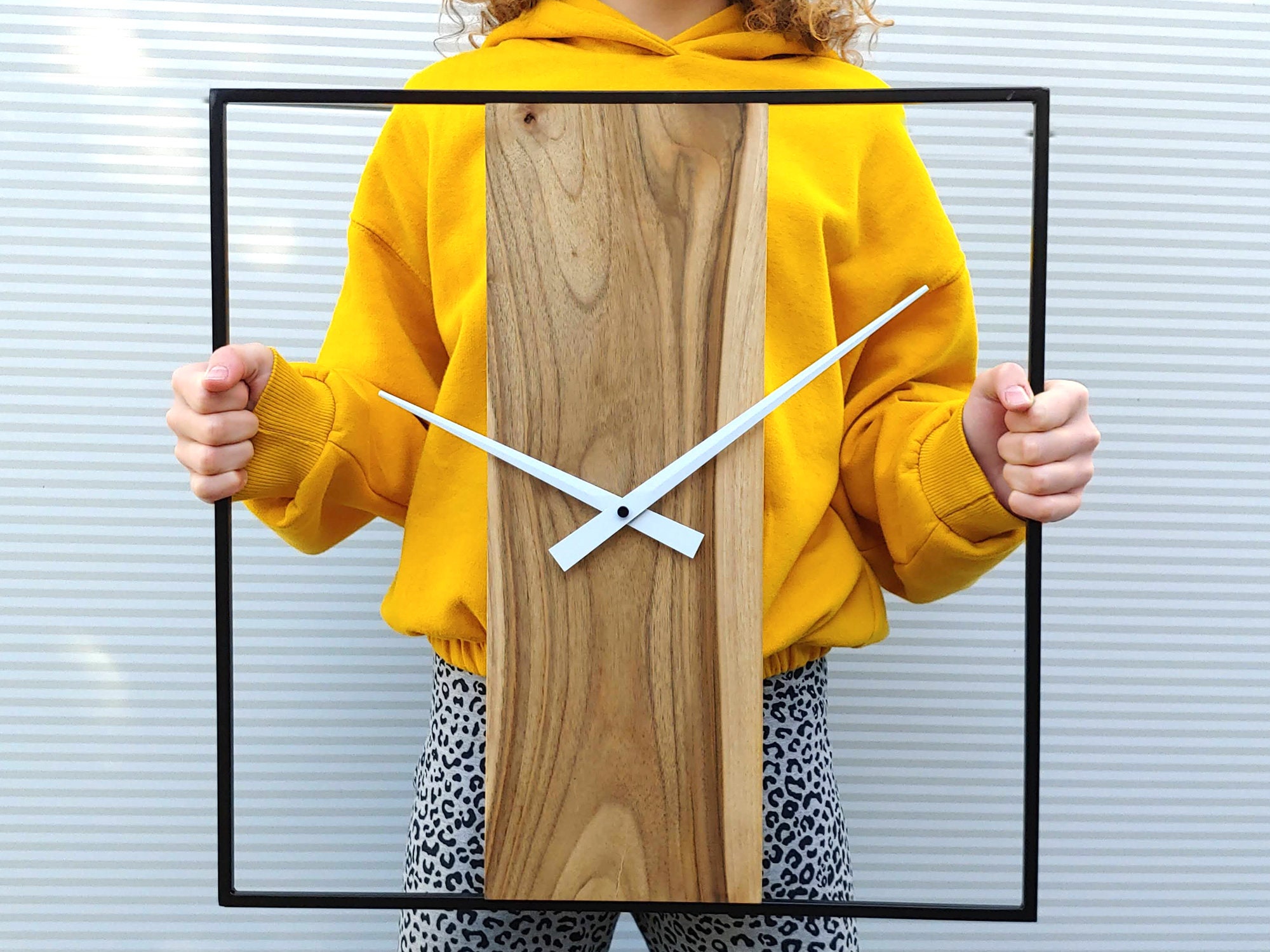 Walnut Wooden Wall Clock in Black Metal Frame 49cm Industrial Metal ...