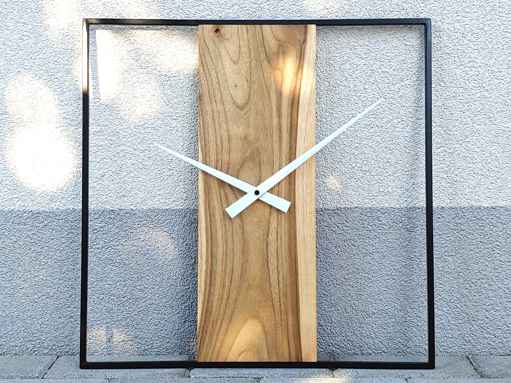 Walnut Wooden Wall Clock in Black Metal Frame 49cm Industrial Metal ...