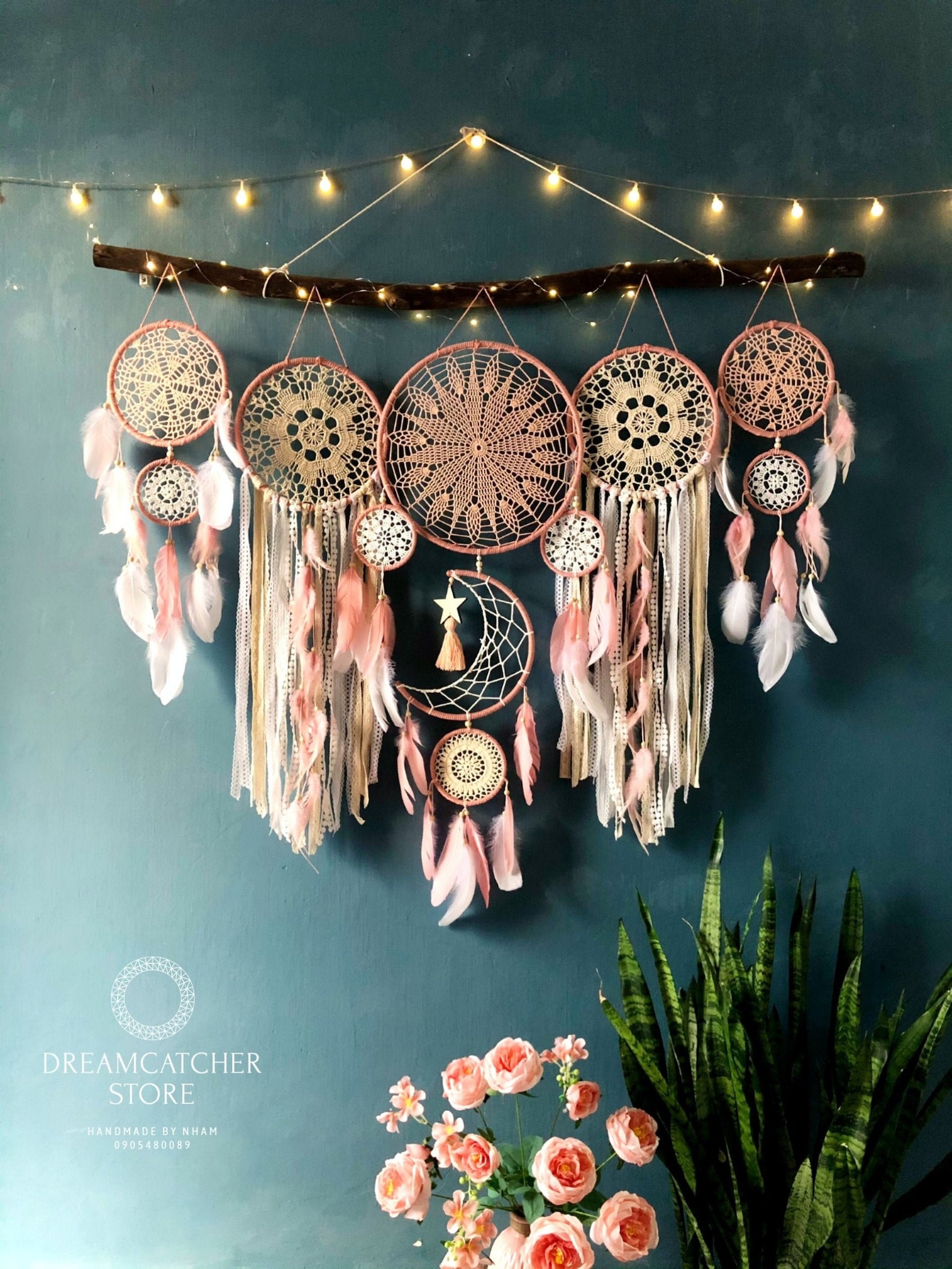 Dream Catcher Set of Moon and Stars Pink Bean Pods Bedside, Large Dream ...