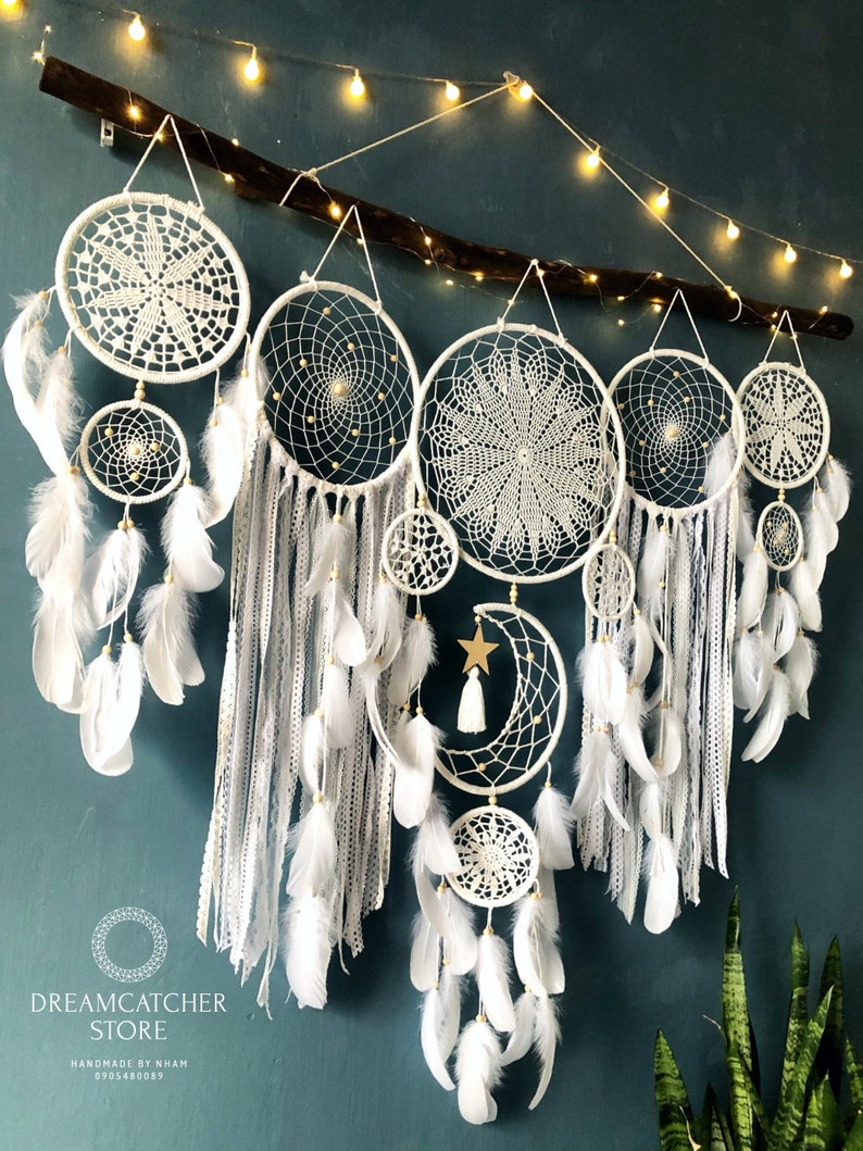 Dream Catcher Set of Moon and Stars Pink Bean Pods Bedside, Large Dream ...