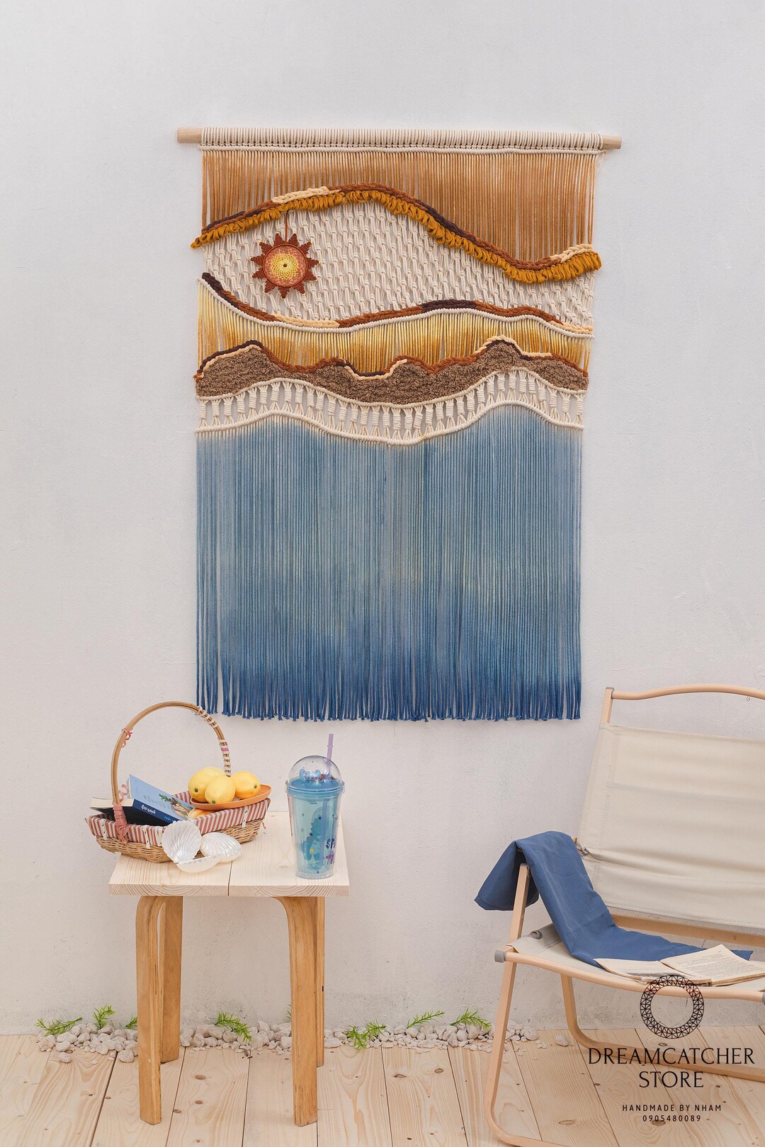 Artistic Macrame Painting of Large Fish on Ocean Waves, Large Macrame ...