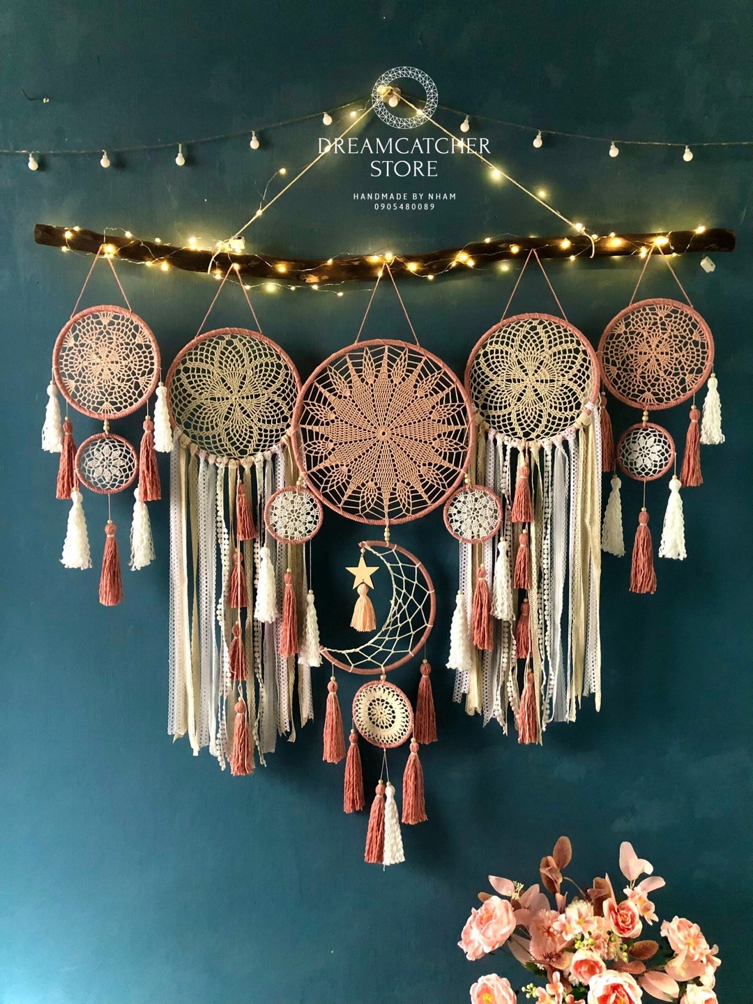 Dream Catcher Set of Moon and Stars Pink Bean Pods Bedside, Large Dream ...