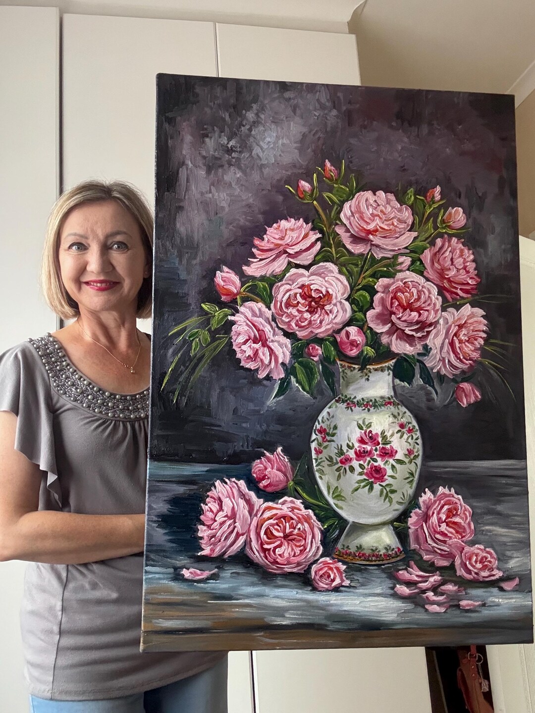 Blushing Pink Roses, Oil Painting, Wall Art, Wall Home Decor, Flower ...