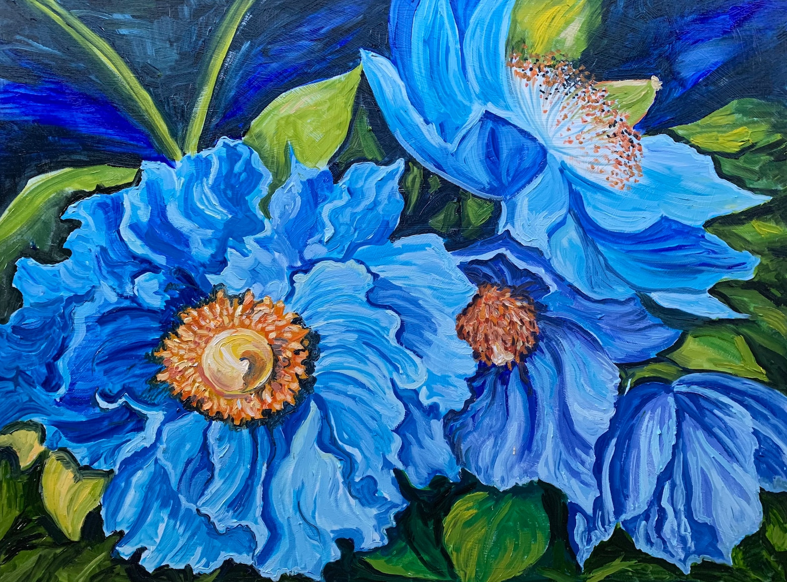 Blue Poppies, Large Oil Painting, Floral Art, Flower Wall Decor, Flower ...