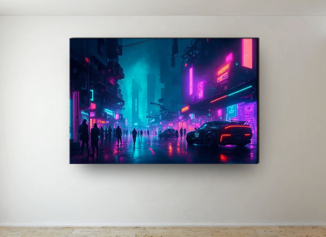 Cyberpunk Night City "crowded Street" Canvas Neon Lights Oil Paint ...