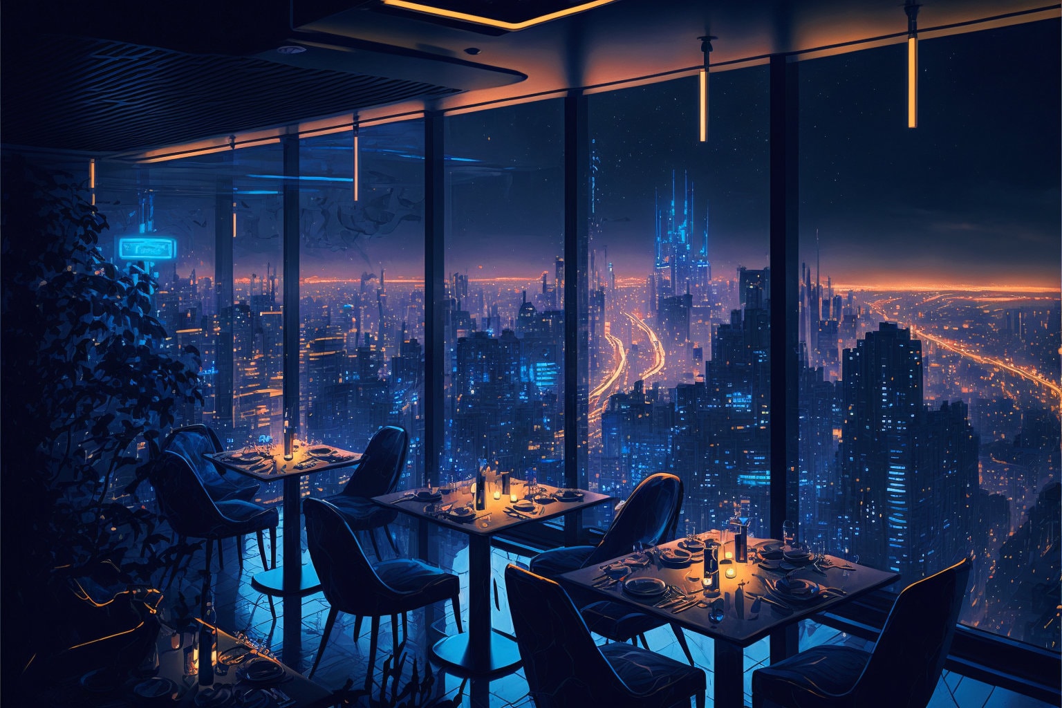 Cyberpunk night City Restaurant Blue Theme Canvas - Etsy