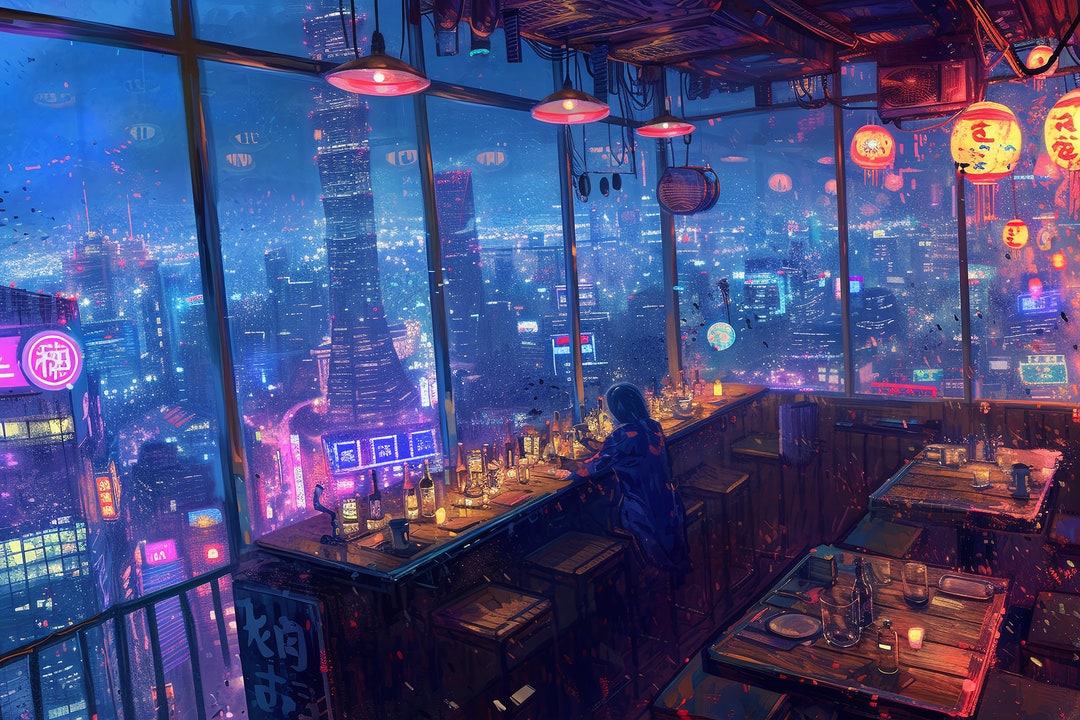 Cyberpunk Night City "whiskey Bar With City View" Canvas Neon Lights ...