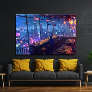 Cyberpunk Night City "whiskey Bar With City View" Canvas Neon Lights ...