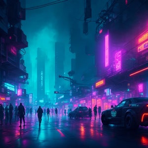 Cyberpunk Night City "crowded Street" Canvas Neon Lights Oil Paint ...