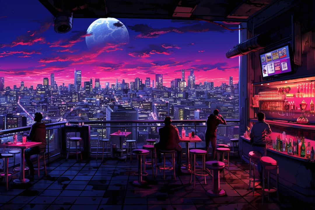 Cyberpunk Rooftop Bar Canvas Art: Neon Night City Wall Decor - Etsy