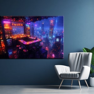 Cyberpunk Night City the Bar Canvas Neon Lights Oil Paint Design Fan ...