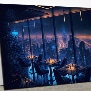 Cyberpunk "night City Restaurant" Blue Theme Canvas Neon Lights Oil ...