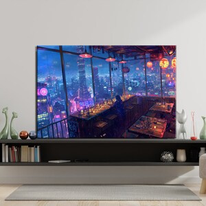 Cyberpunk Night City "whiskey Bar With City View" Canvas Neon Lights ...