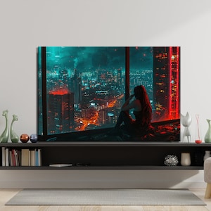 Cyberpunk Night City Landscape "skyscraper Solitude" Canvas Neon Lights ...
