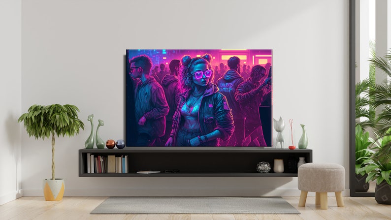 Cyberpunk Night City "synthwave Girl" Canvas Neon Lights Oil Paint Fan ...