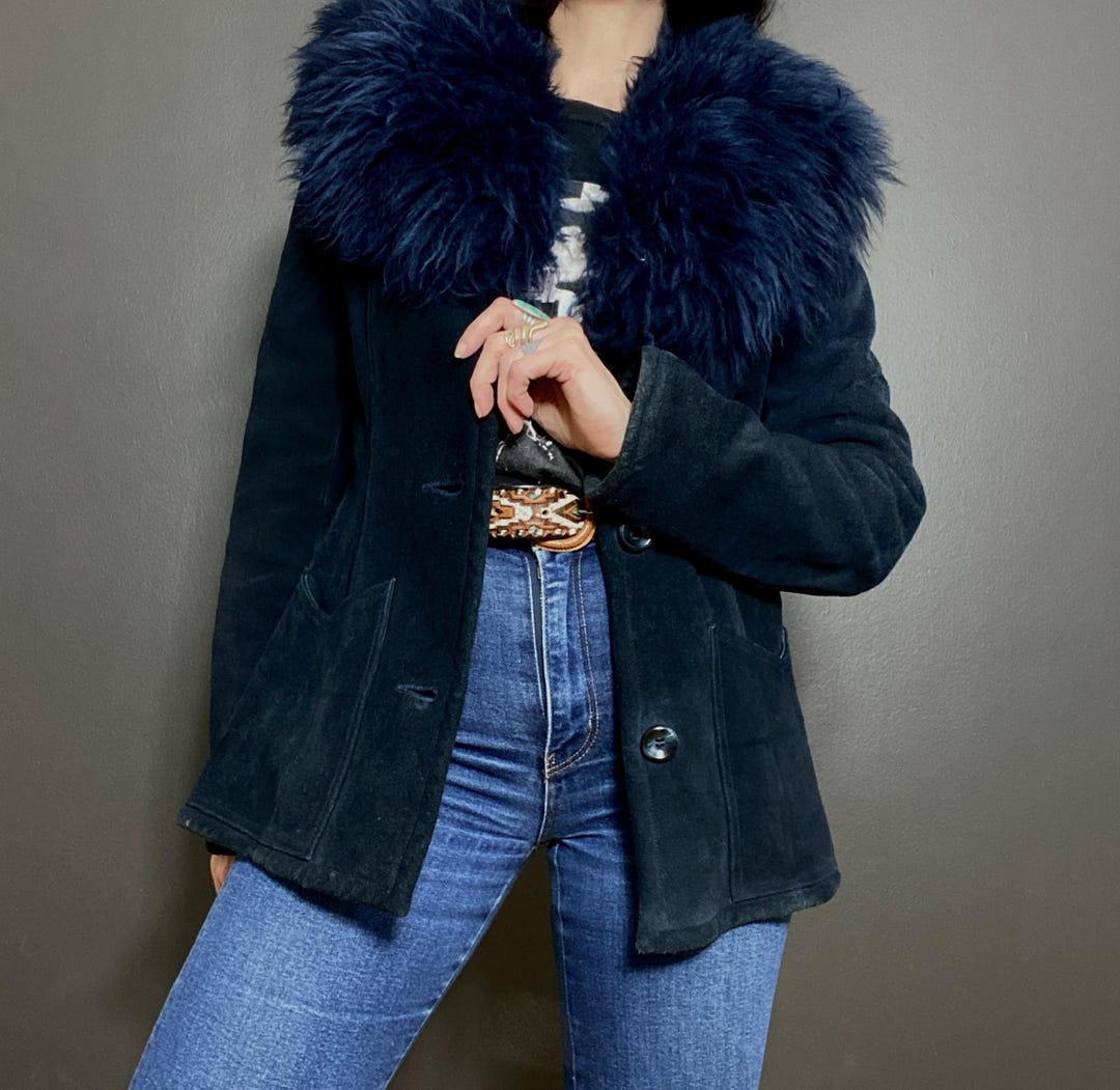 1970s Midnight Blue Shearling Coat // Size XS - Etsy