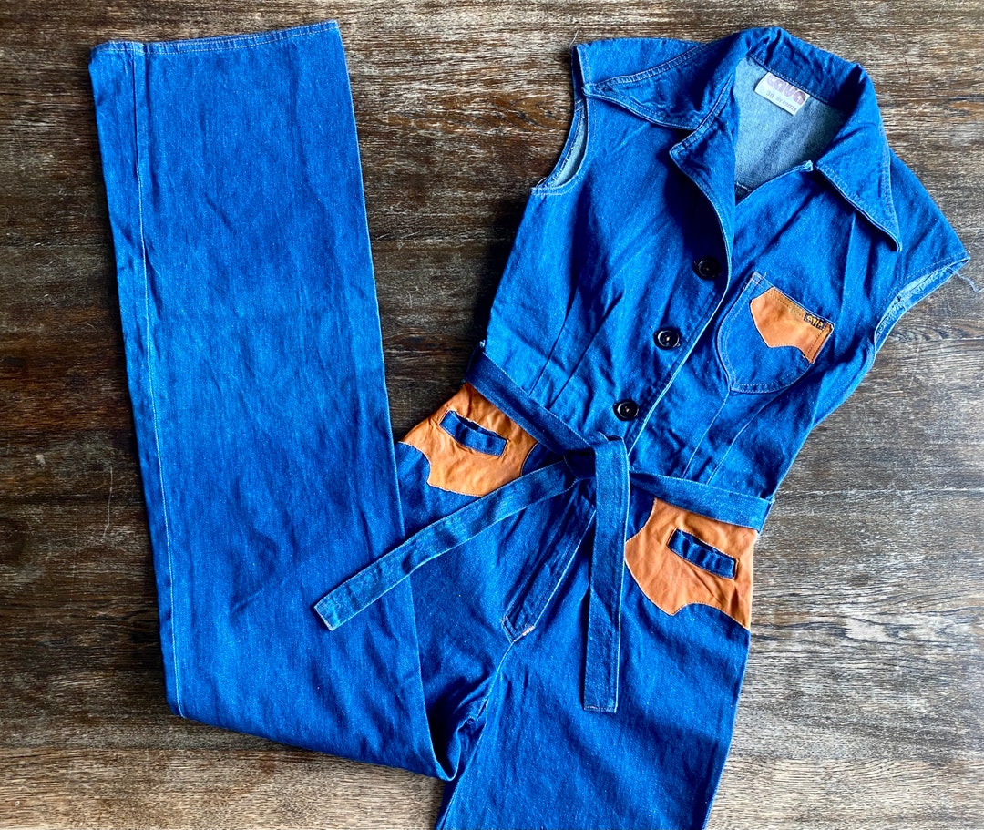 1970s Western Denim Jumpsuit With Leather Detailing// Size XXS-XS - Etsy