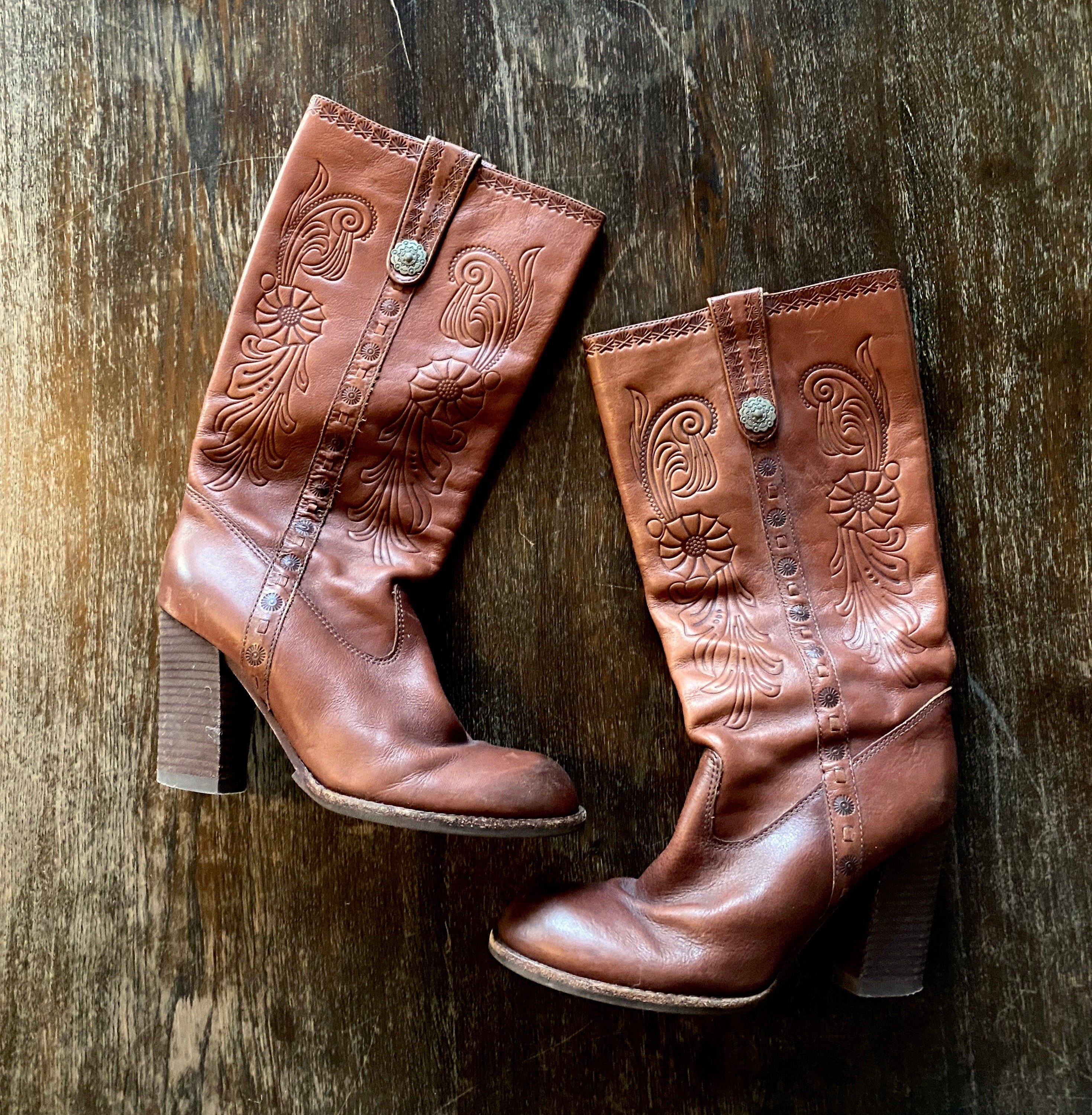 1970s brown tall tooled leather boots - size 37 Euro / 7 US
