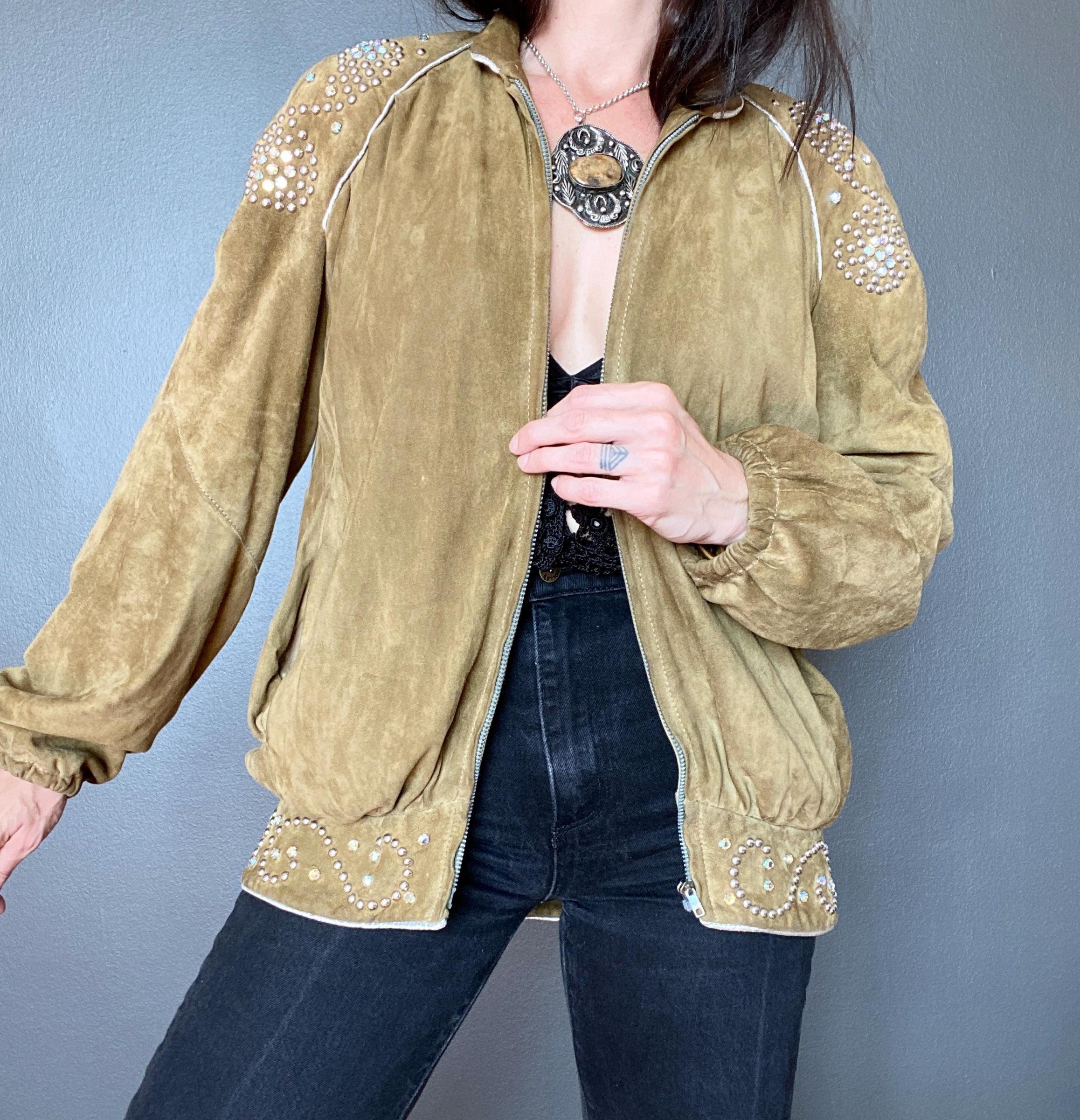 1980s beige rhinestone suede jacket // Size XS-S