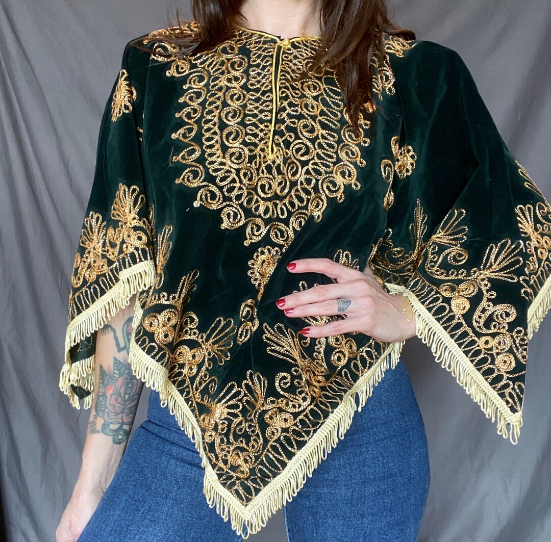 1970s Gold Embroidered Velvet Poncho Cape - Etsy
