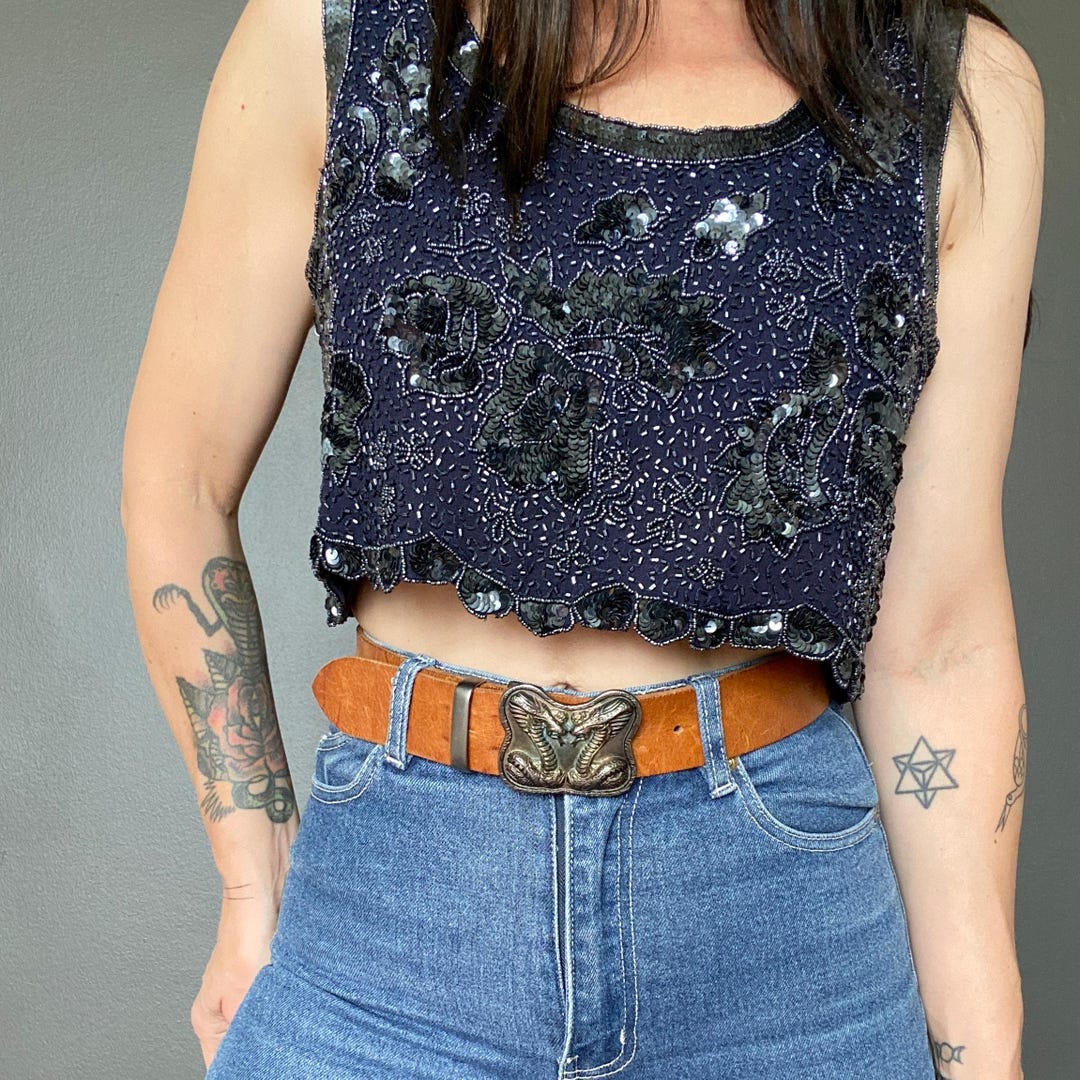 1980s PHOOL Midnight Blue Sequined & Beaded Crop Top // Size M - Etsy