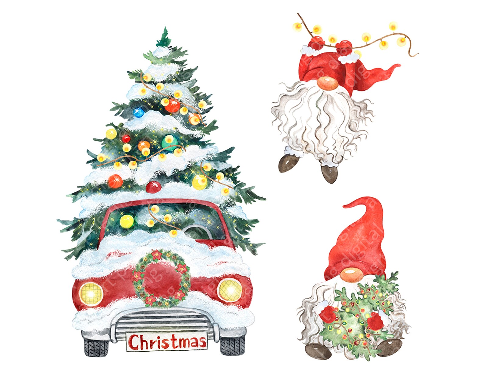 Christmas Gnomes With Red Car Christmas Watercolor Clipart - Etsy