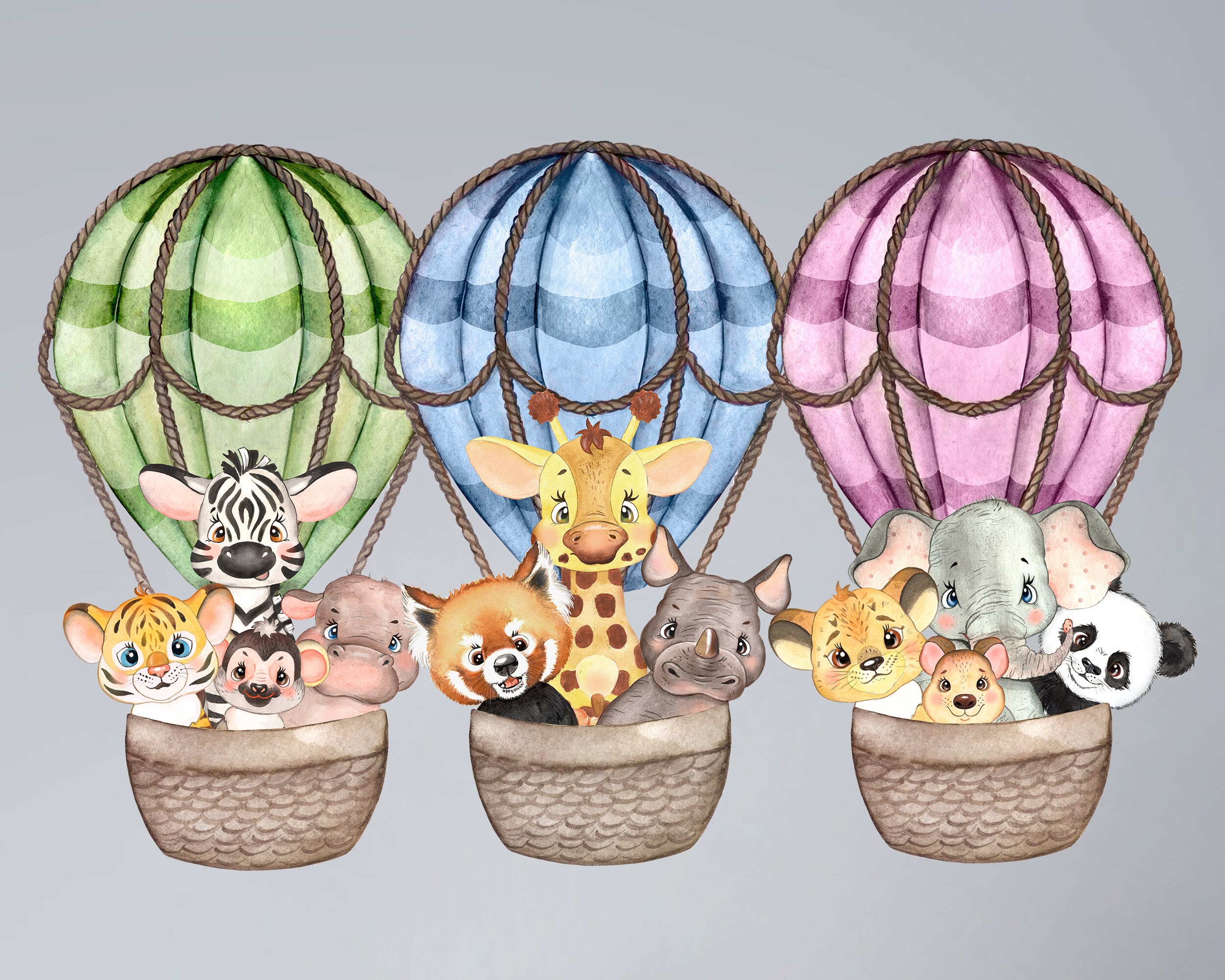 Safari Animals Watercolor Png Hot Air Balloon Nursery Decor - Etsy